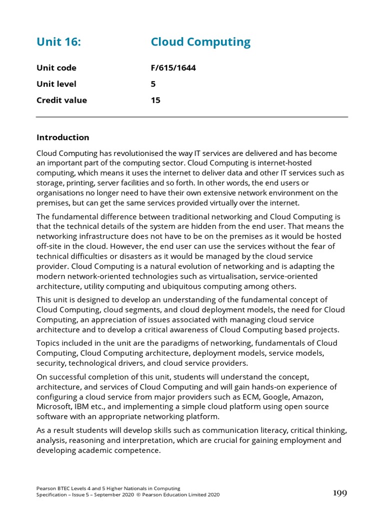 Unit 16: Cloud Computing: Unit Code F/615/1644 Unit Level 5 Credit Value 15 | PDF | Cloud ...