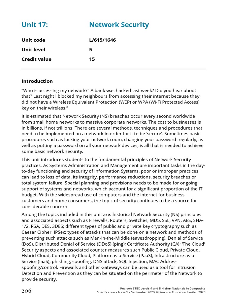 Unit 17: Network Security: Unit Code L/615/1646 Unit Level 5 Credit ...