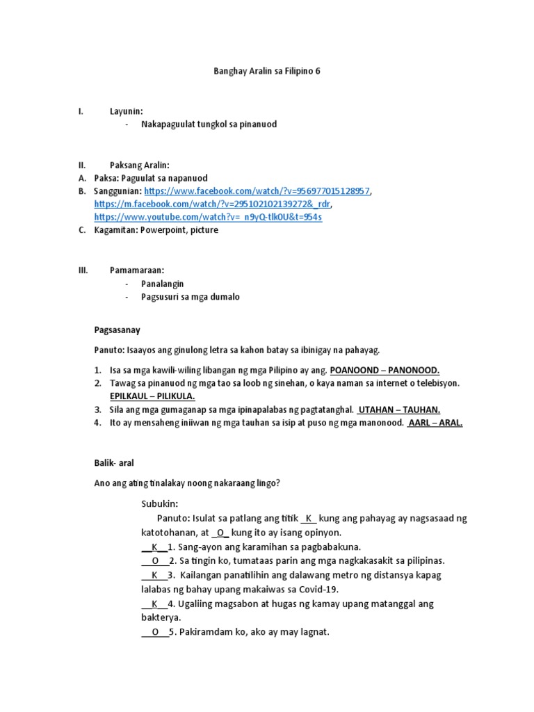 Banghay Aralin Sa Filipino 6 Demo 3 | PDF