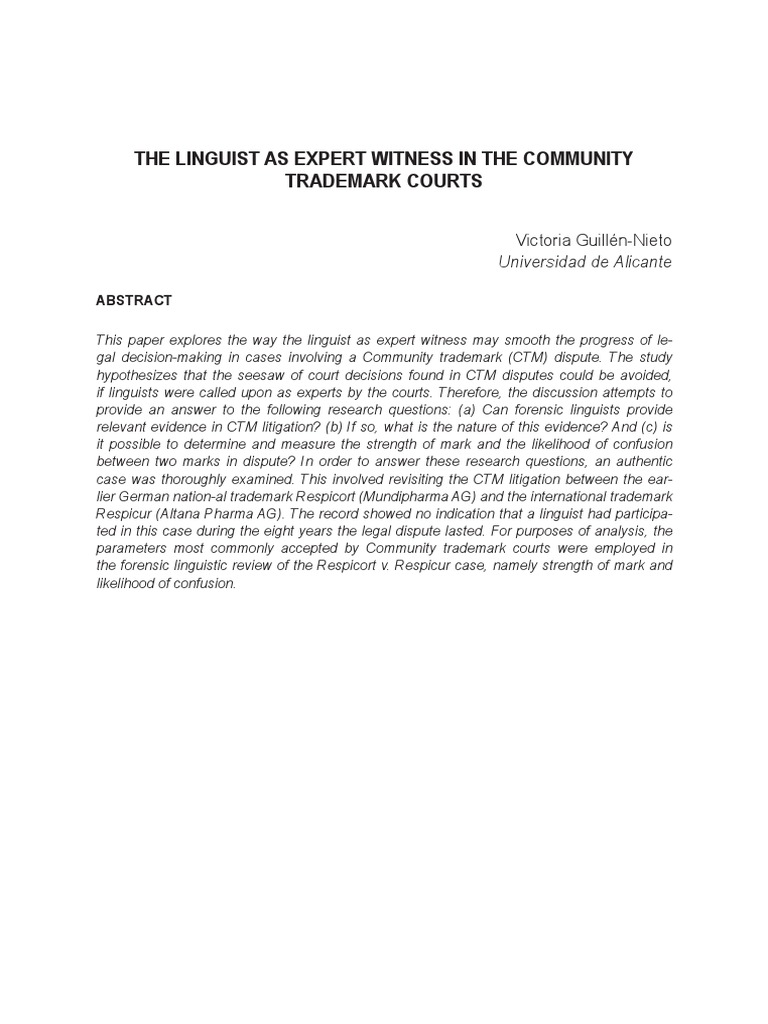 The Linguist As Expert in The Community Trademark Courts | PDF ...