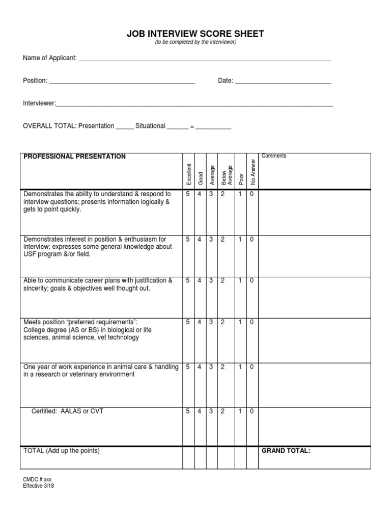 Job Interview Score Sheet Template | PDF | Job Interview | Psychology