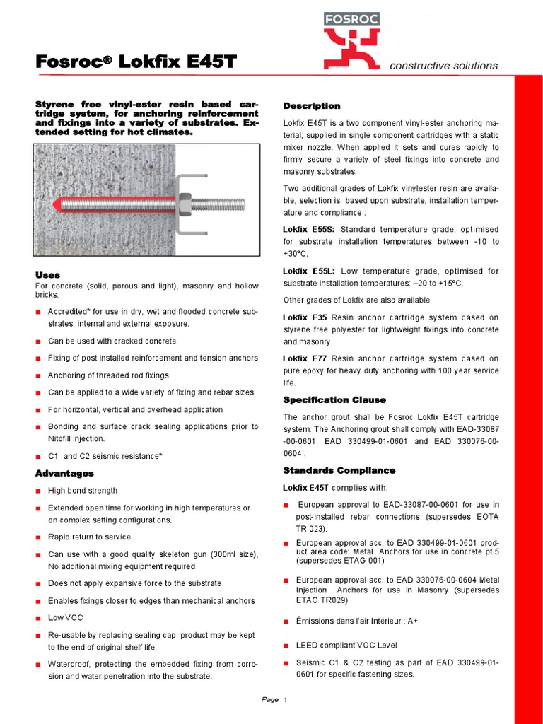 Lokfix E45T TDS | PDF | Concrete | Masonry