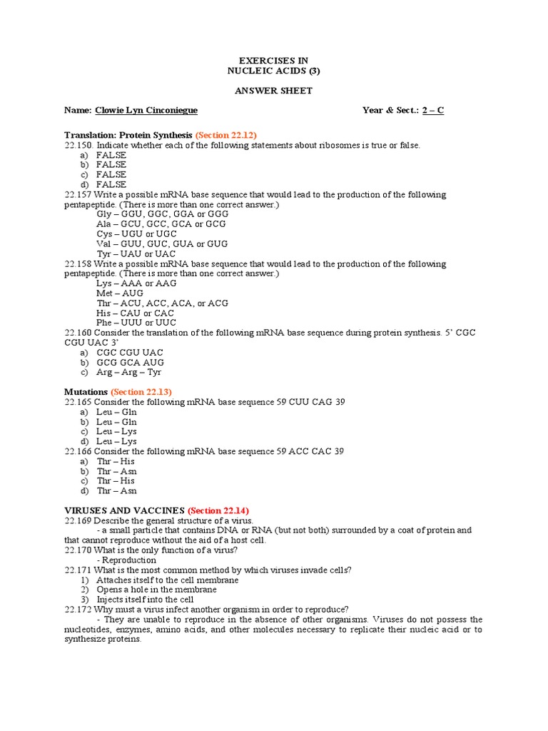Exercises in Nucleic Acids | PDF | Dna | Dna Replication
