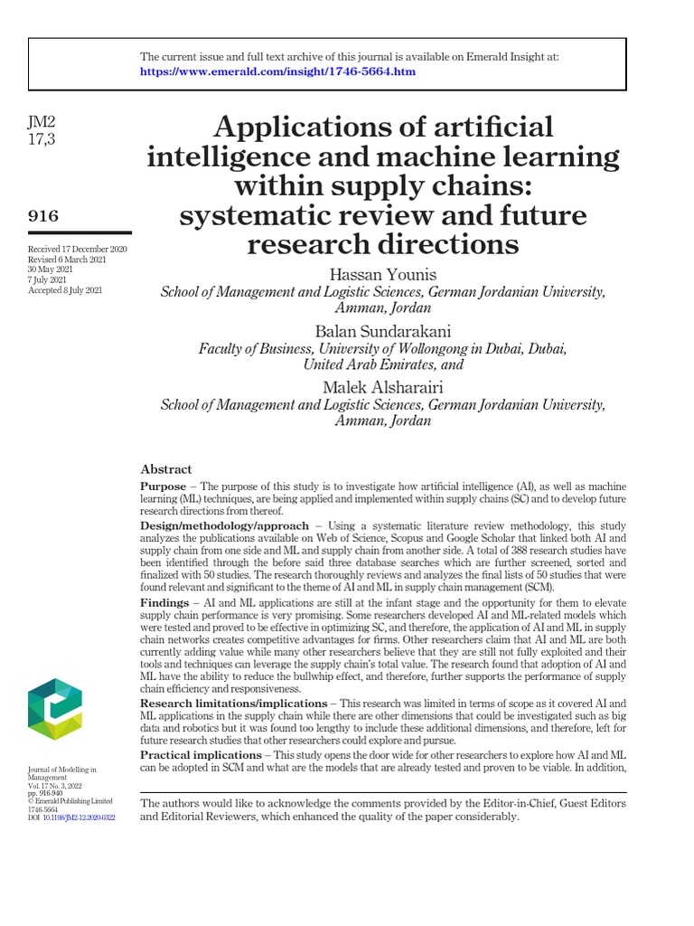 Applications Of Artificial Intelligence And Machine Learning Within Supply Chains Systematic