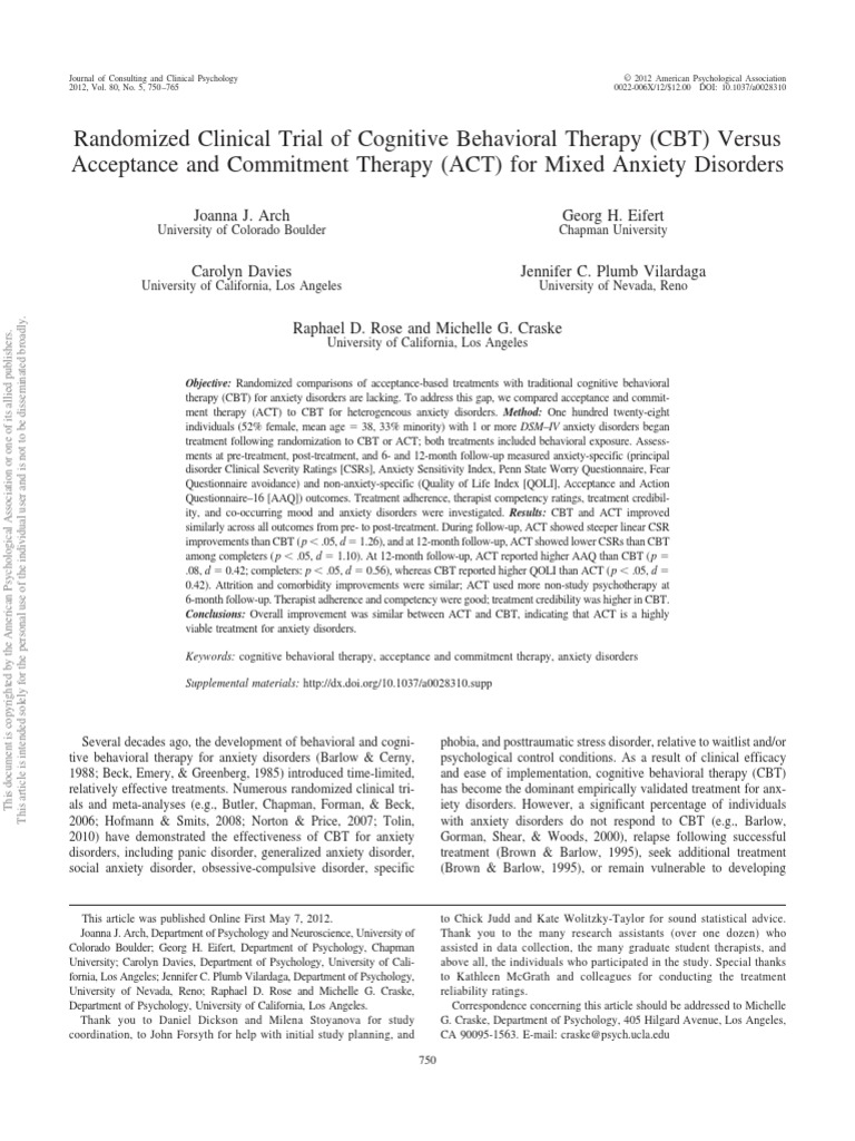 ACt Vs CBT For Anxiety | PDF | Cognitive Behavioral Therapy | Anxiety Disorder
