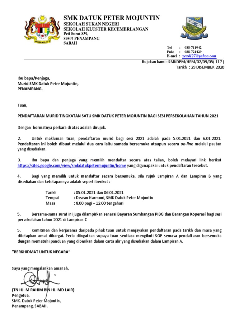 SURAT MAKLUMAN PENDAFTARAN TING 1 2021-Ditukar | PDF