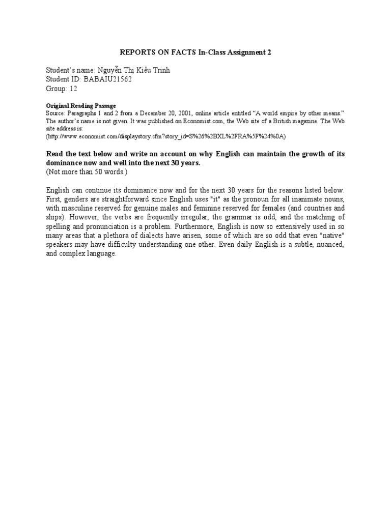 REPORTS ON FACTS In-Class Assignment 2: Original Reading Passage | PDF