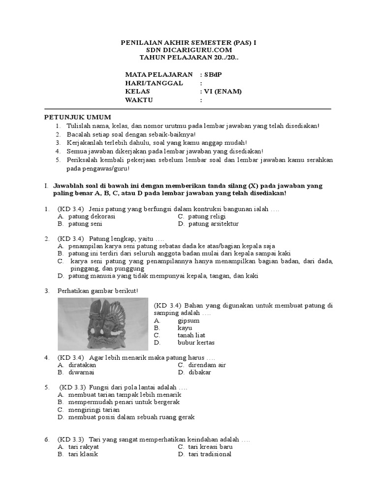 Soal PAS SBDP Kelas 6 | PDF | Seni