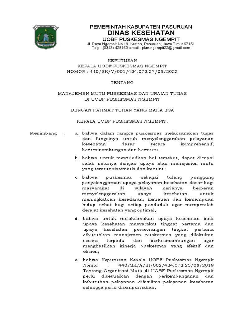 SK Manejemen Mutu & Urain Tugas 2022 | PDF