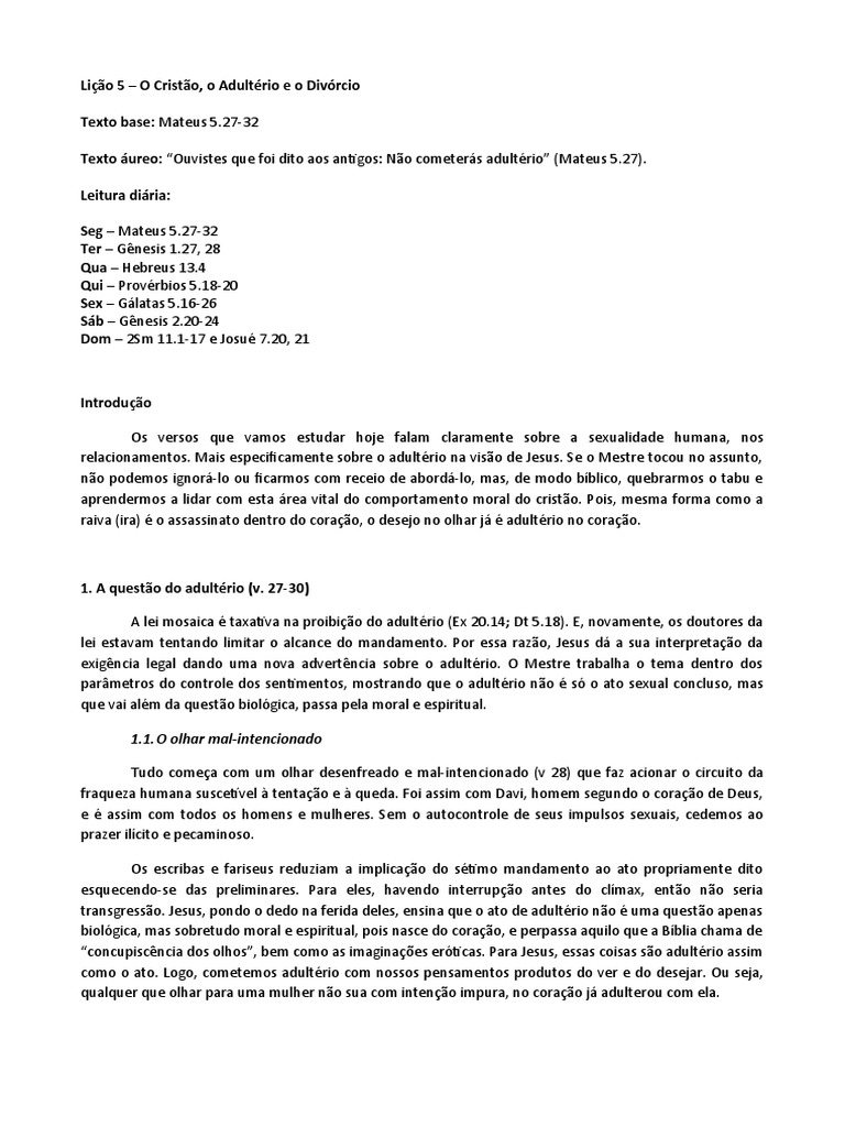 Lição 5. O Cristão - o Adultério e o Divórcio - Adaptada DERP | PDF ...