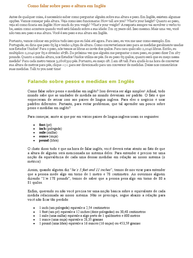Como Falar Sobre Peso E Altura Em Ingl s PDF P unidade De Medida
