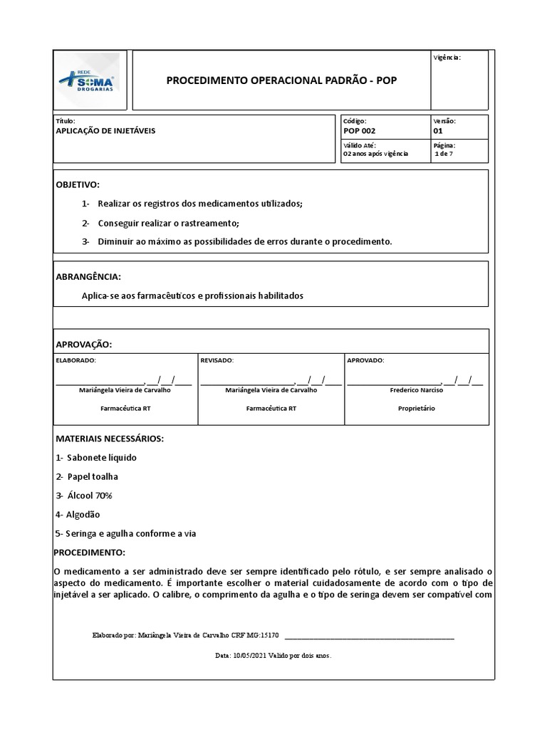 Pop 002 - Aplicação de Injetáveis | PDF