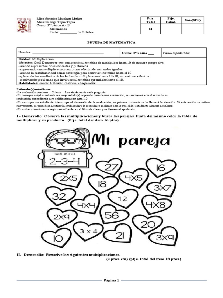 Pruebas Multiplicaciones y Tablas de Multiplicar | PDF | Multiplicación ...