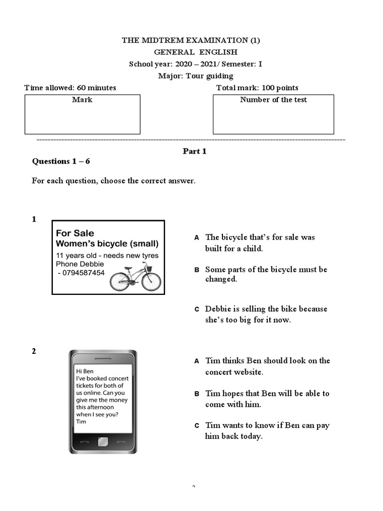 Cambridge KET Reading & Writing Test | PDF