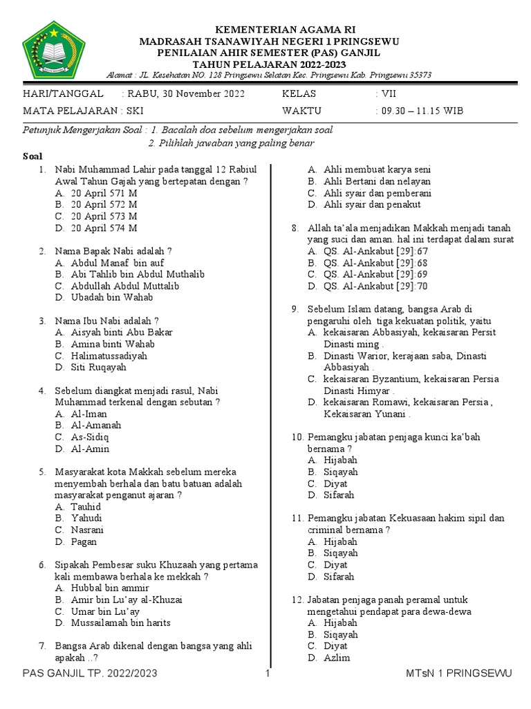 Soal Pas Ski Kls Vii 2022 Ganjil | PDF | Agama & Spiritualitas