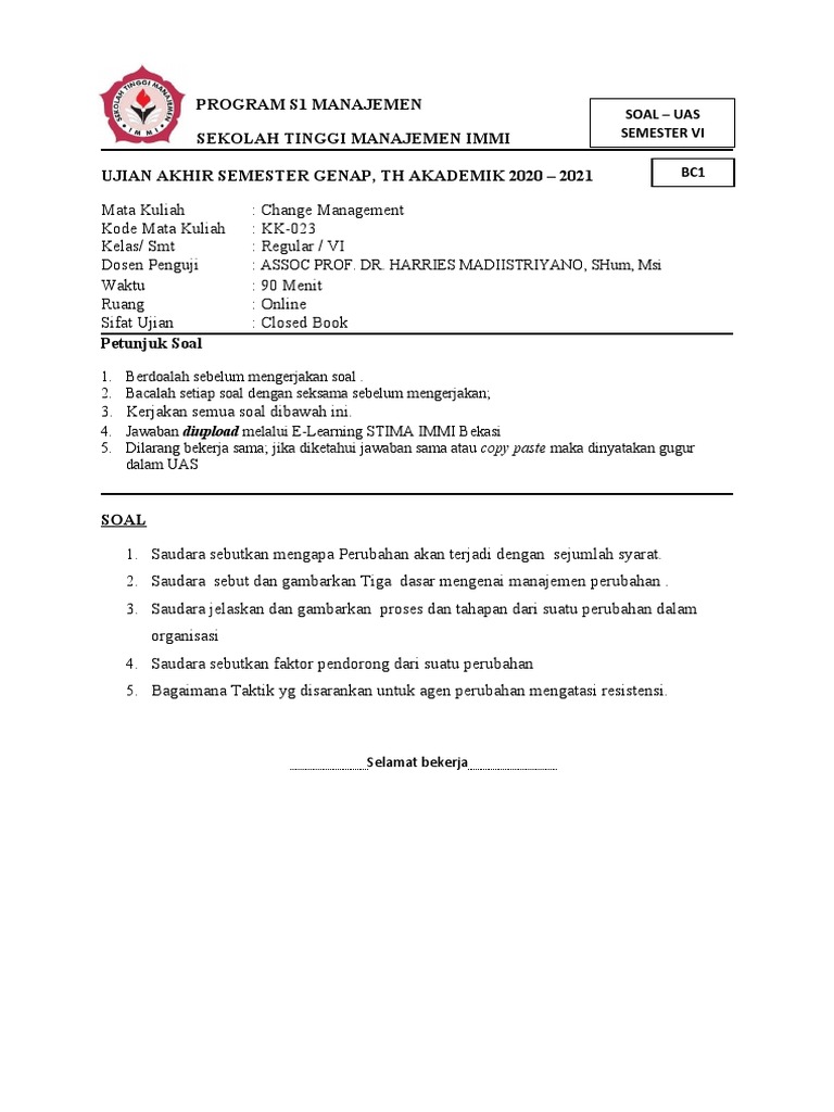 UAS Change Management STIMA IMMI | PDF | Karier & Perkembangan | Bisnis