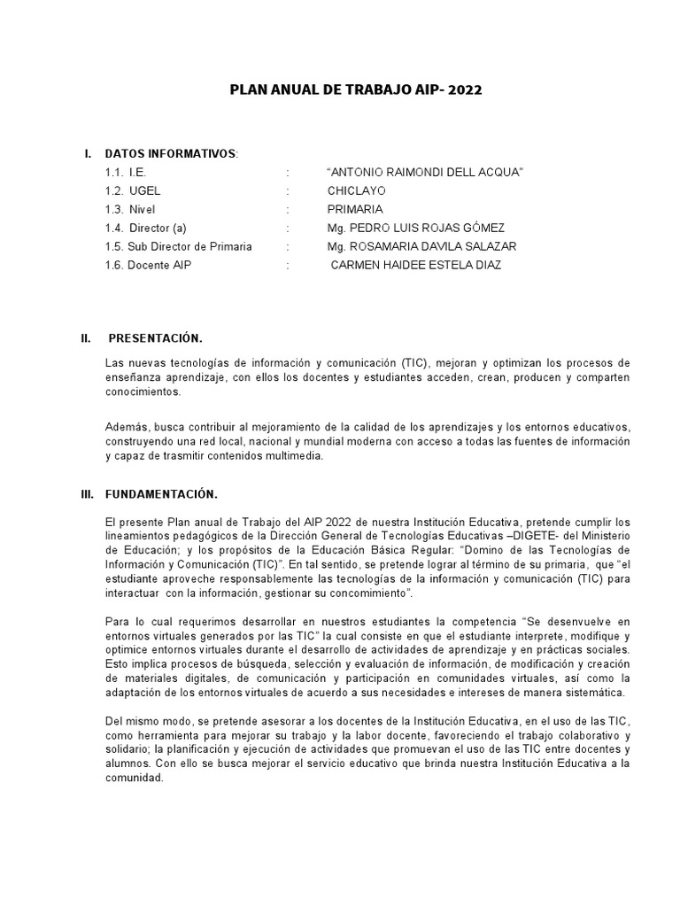 Plan Anual AIP 2022: Integración TIC | PDF | Método de enseñanza ...