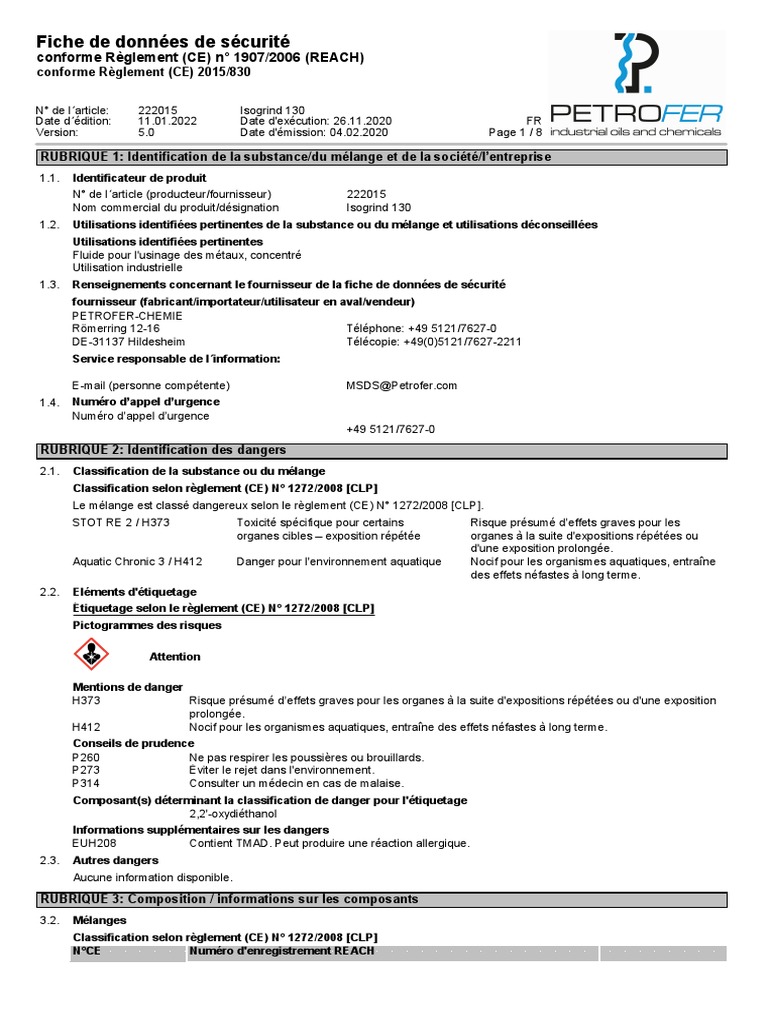 FDS Isogrind 130: Sécurité et Dangers | PDF | Déchets | Transport