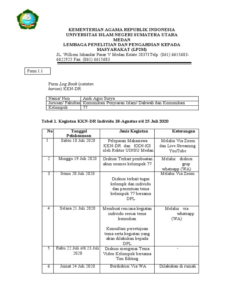 Log Book Kegiatan KKN-DR 2020 | PDF