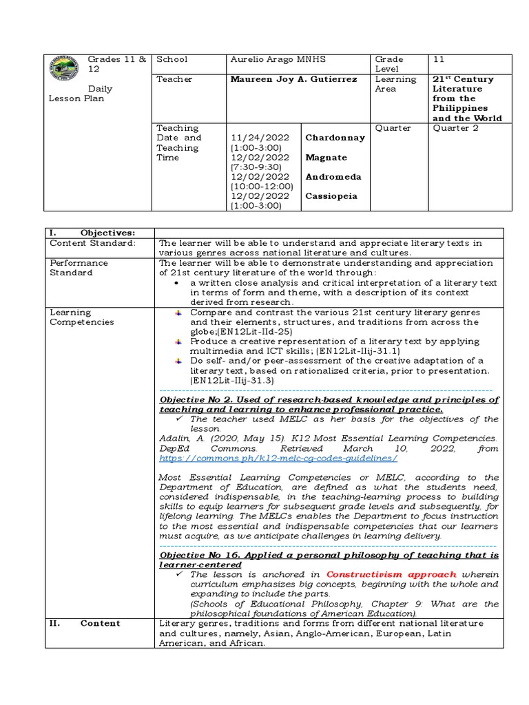 Lesson Plan in 21st Century - 6 (African Literature) | PDF | Learning ...