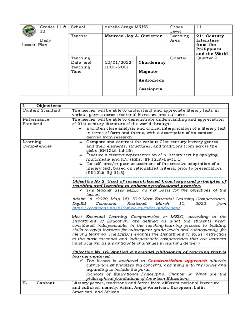 Grade 11 Lesson Plan: 21st Century Literature | PDF | Teaching Method ...