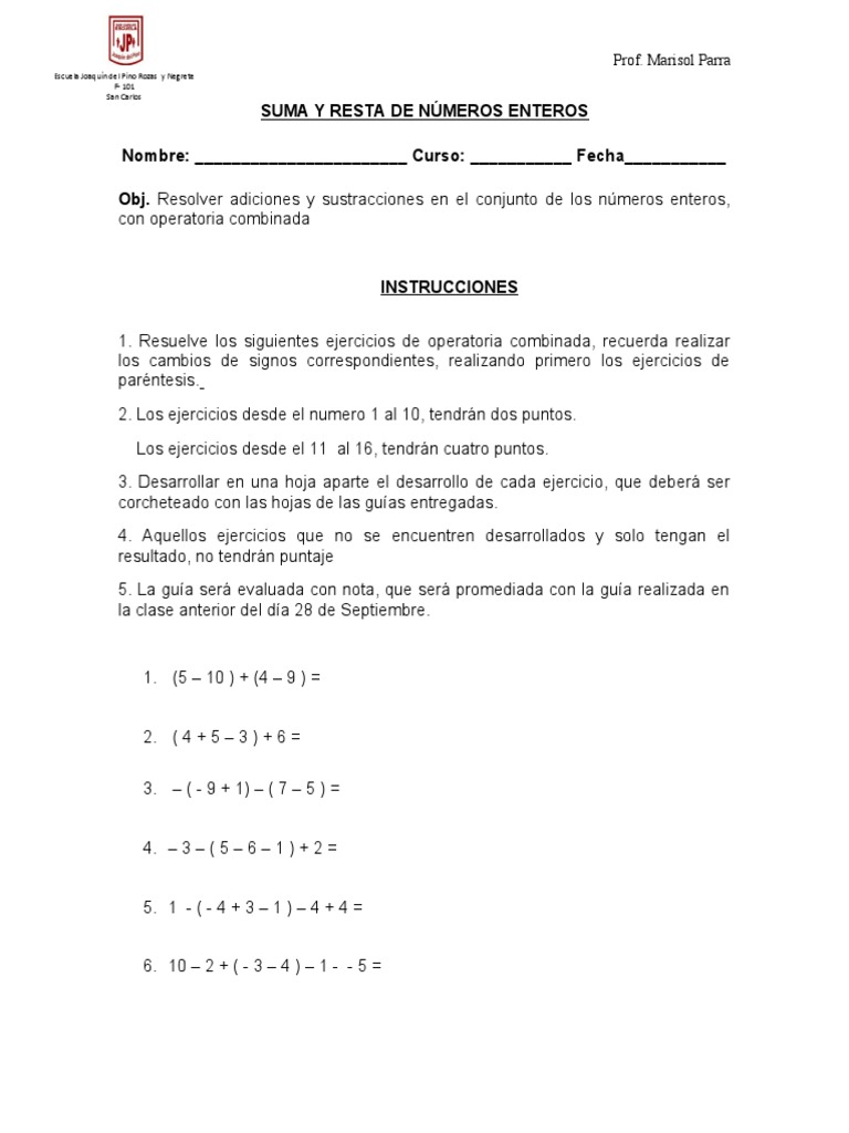 Suma y Resta de Números Enteros | PDF | Sustracción