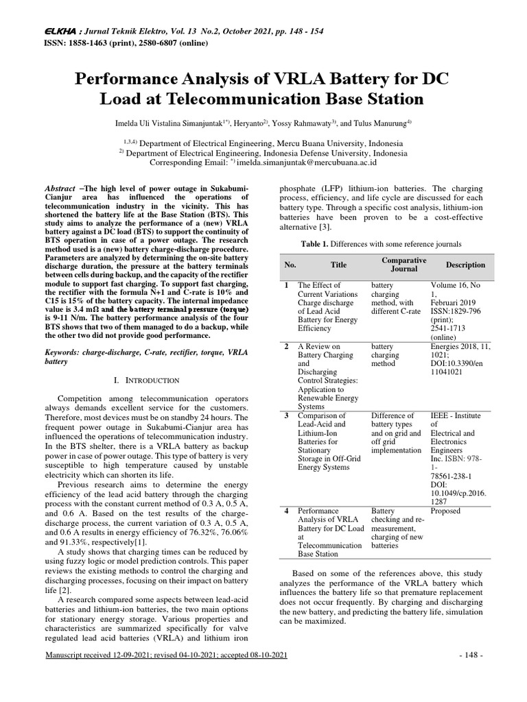 Performance Analysis of VRLA Battery For DC Load at Telecommunication ...