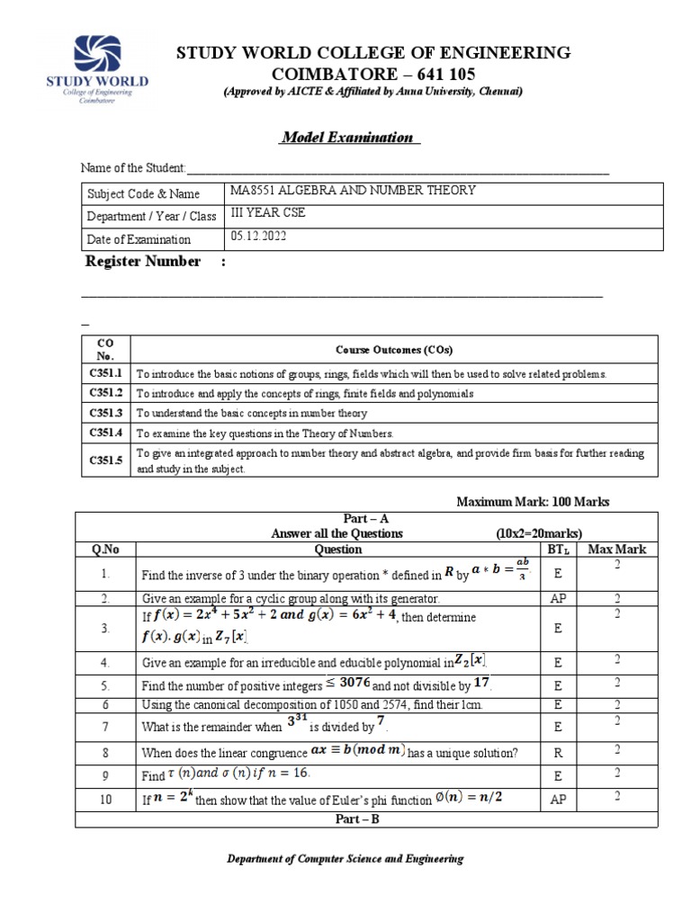Model Ma8551 Algebra and Number Theory | PDF | Field (Mathematics ...
