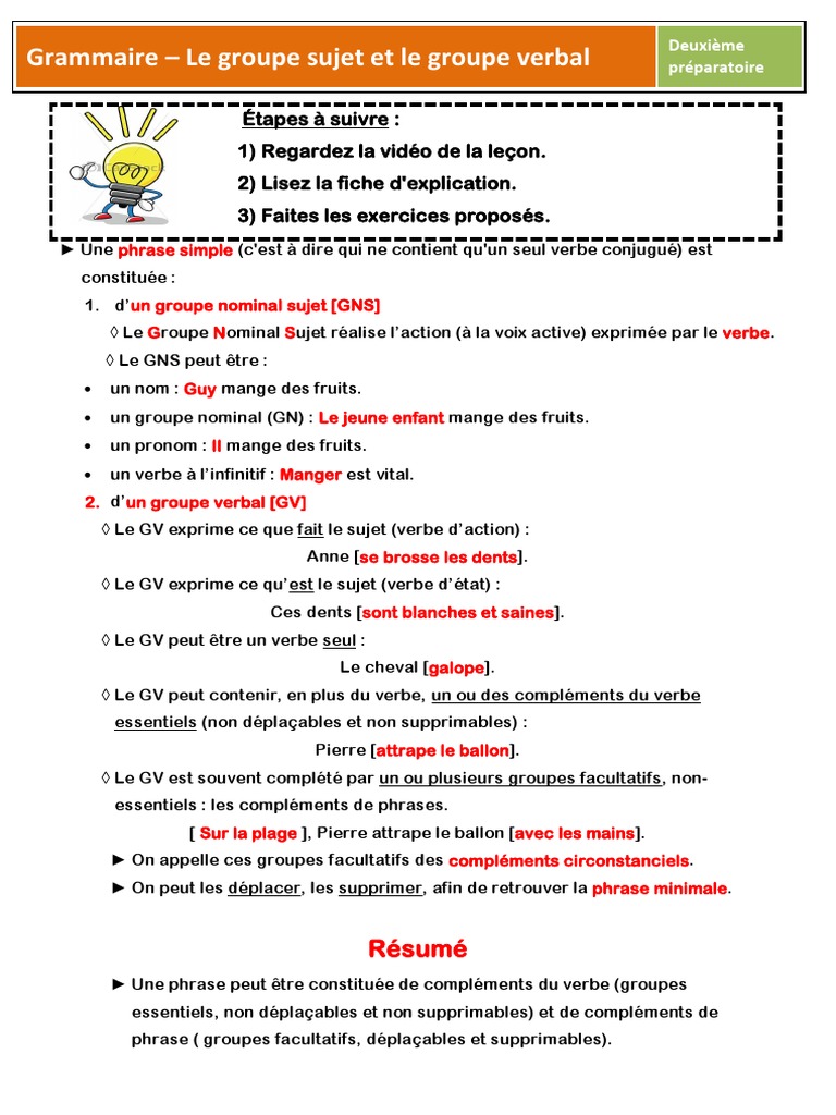 Reponses Le Groupe Sujet Et Le Groupe Verbal Lecon Exercices | PDF ...