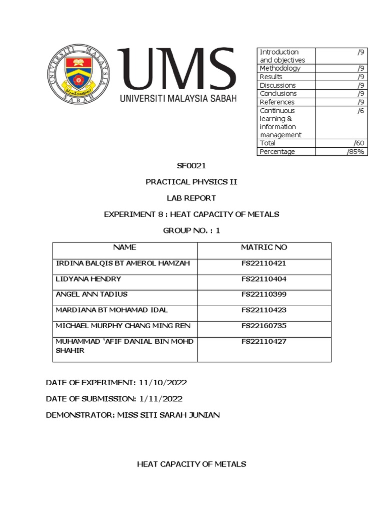 Lab Report Physics Exp 8 | PDF | Heat | Heat Capacity