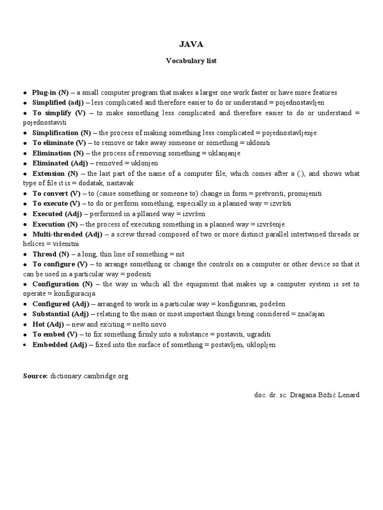 JAVA - Vocabulary List | PDF