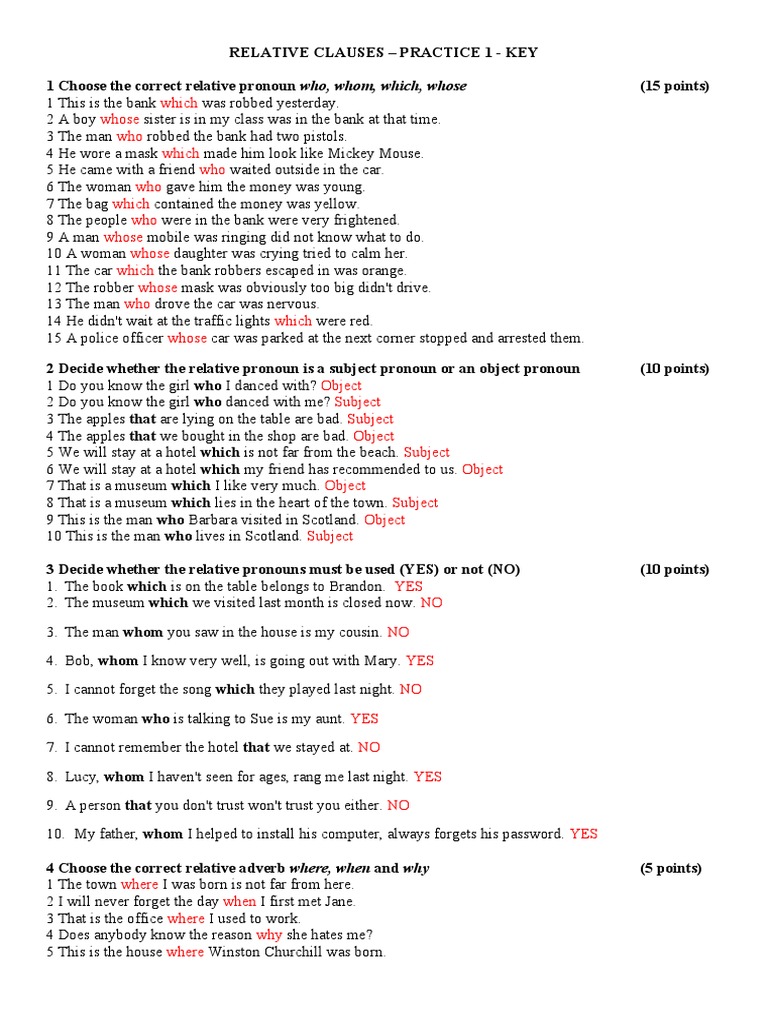 Relative Clauses - Practice 1 - Key | PDF | Subject (Grammar)