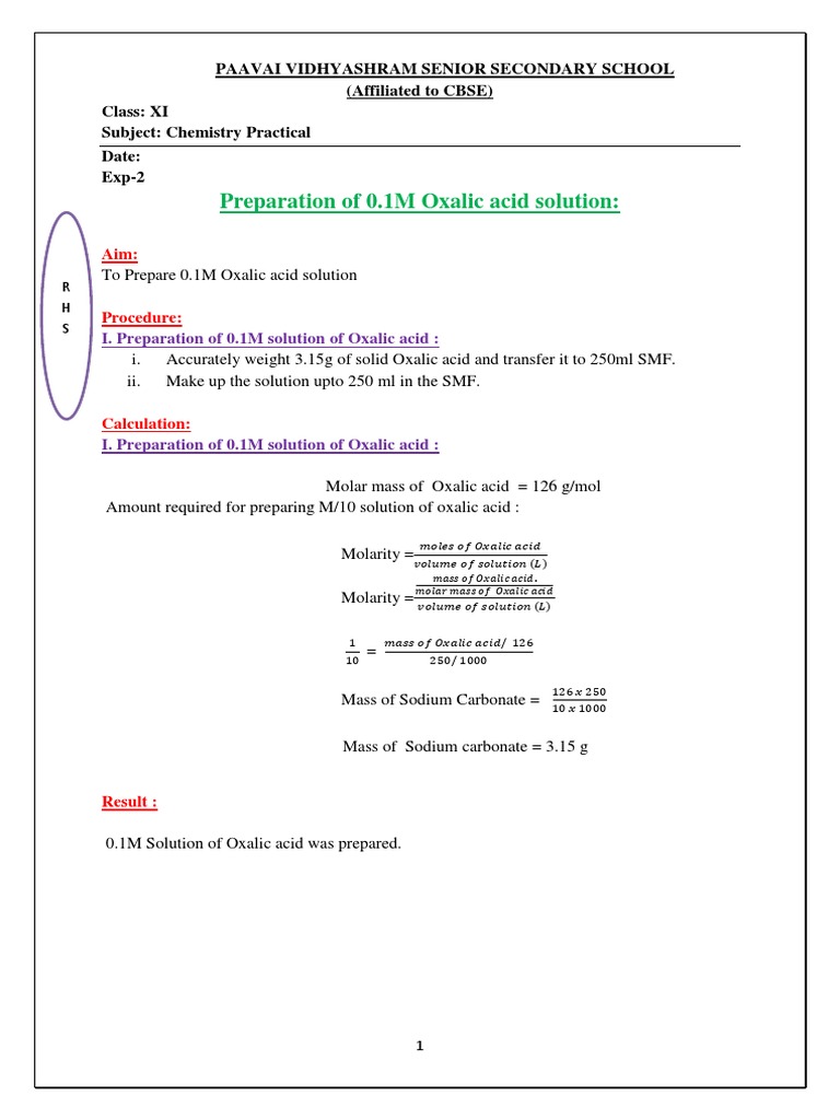 Preparation of 0.1M Oxalic Acid Solution | PDF