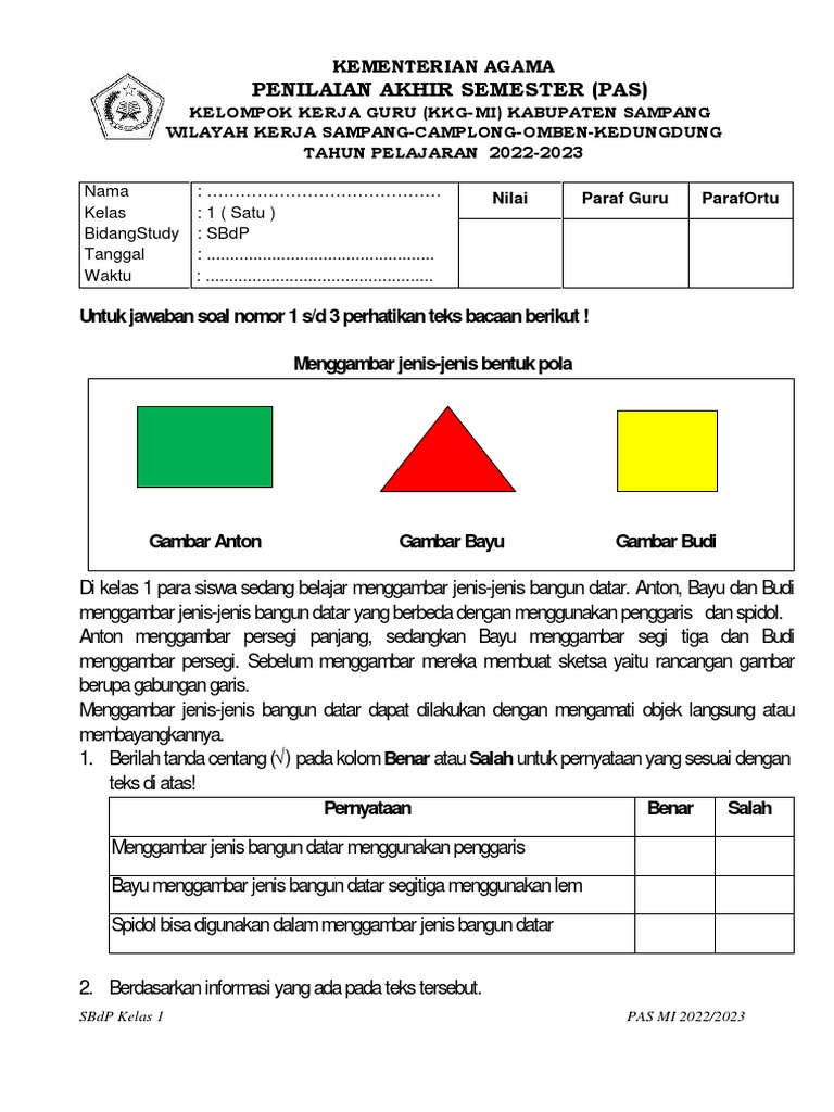 SOAL SBDP KELAS 1 | PDF