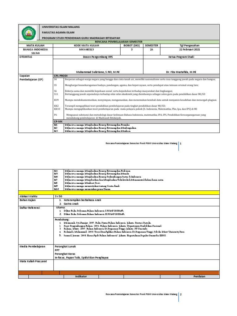 RPS Bahasa Indonesia Sdmi Pgmi 2021 | PDF