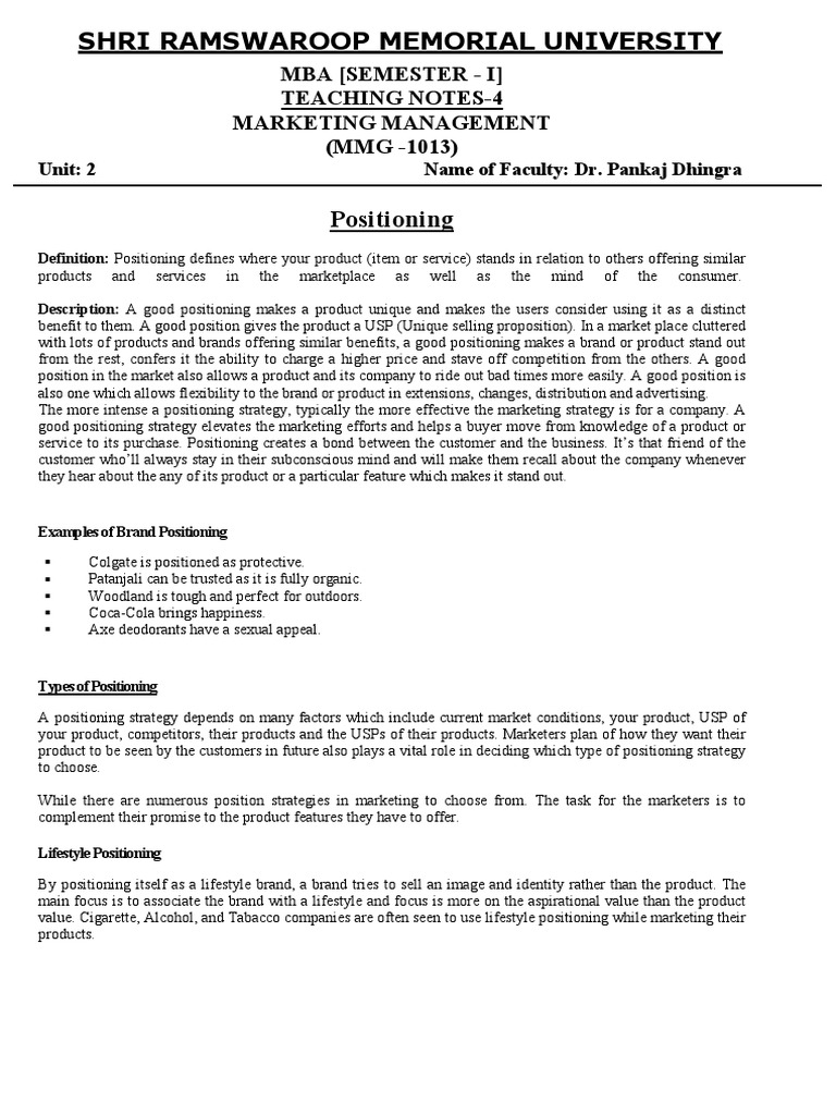 Notes 4 Positioning Pdf Brand Marketing