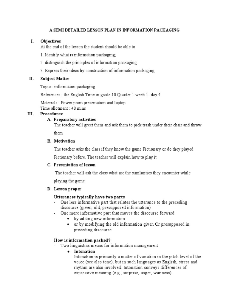 A Semi Detailed Lesson Plan in Information Packaging | PDF