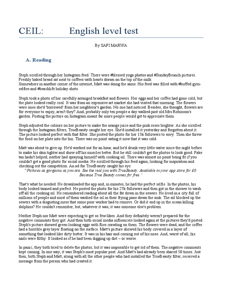 English Level Test Reading 2 | PDF | Selfie