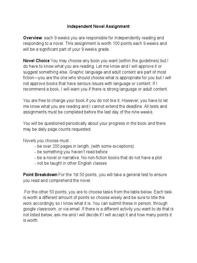 Independent Novel Assignment | PDF | Books | Essays