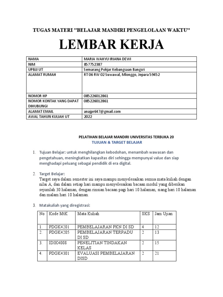 PKBJJ - Lembar Kerja Mengelola Waktu - 2022 (Maria Wahyu Iriana Dewi ...