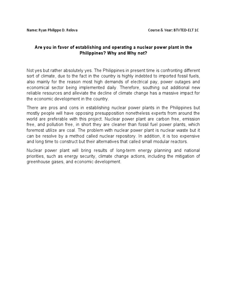 Essay On Nuclear Power Energy, Ryan Philippe D. Relova | PDF