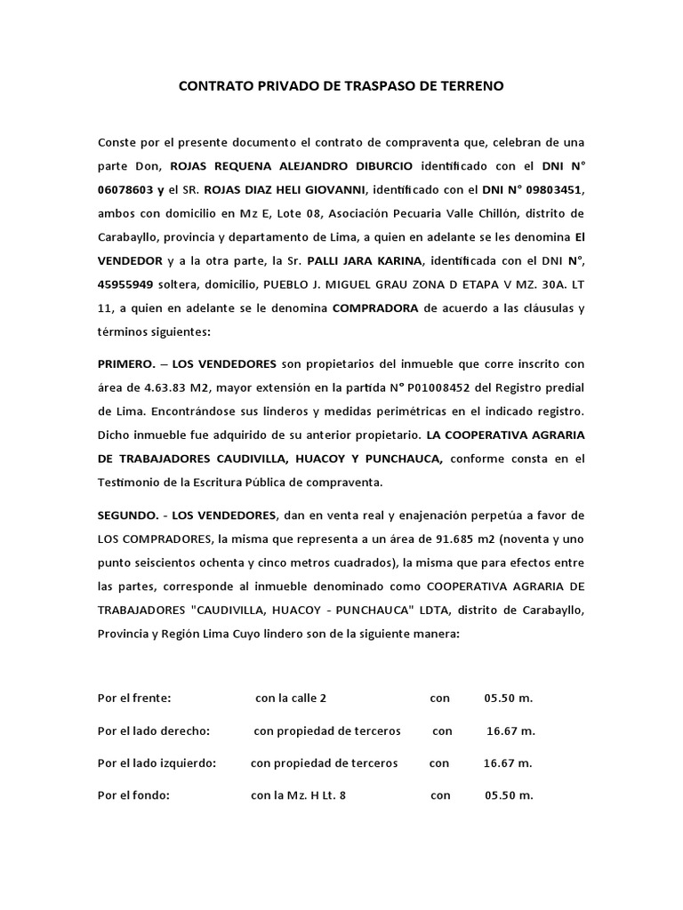 Contrato Privado de Traspaso de Terreno | PDF