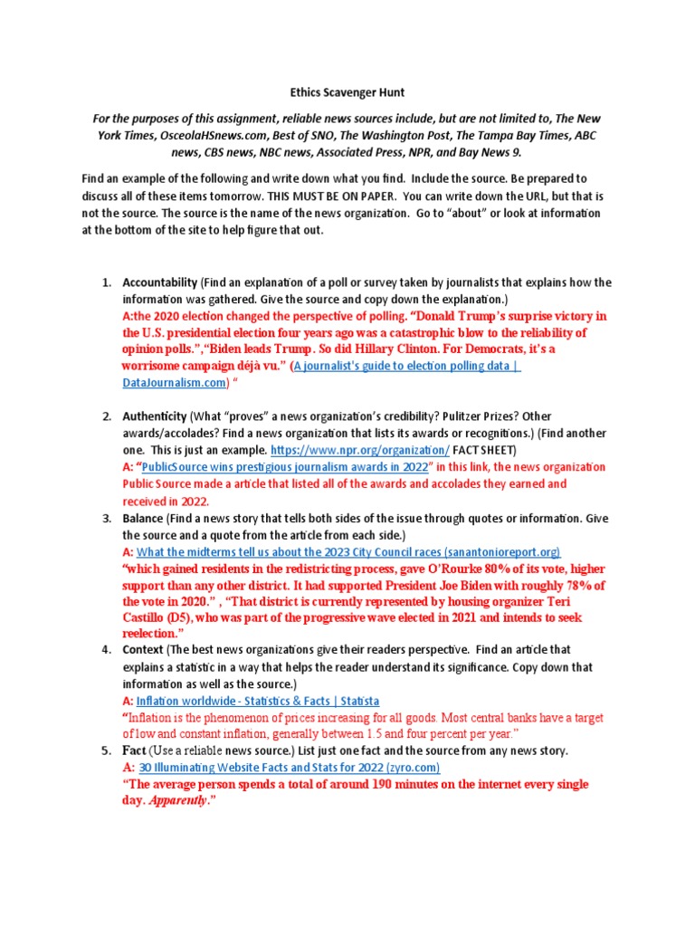 Ethics Scavenger Hunt Day 1-1 | PDF | News | News Media