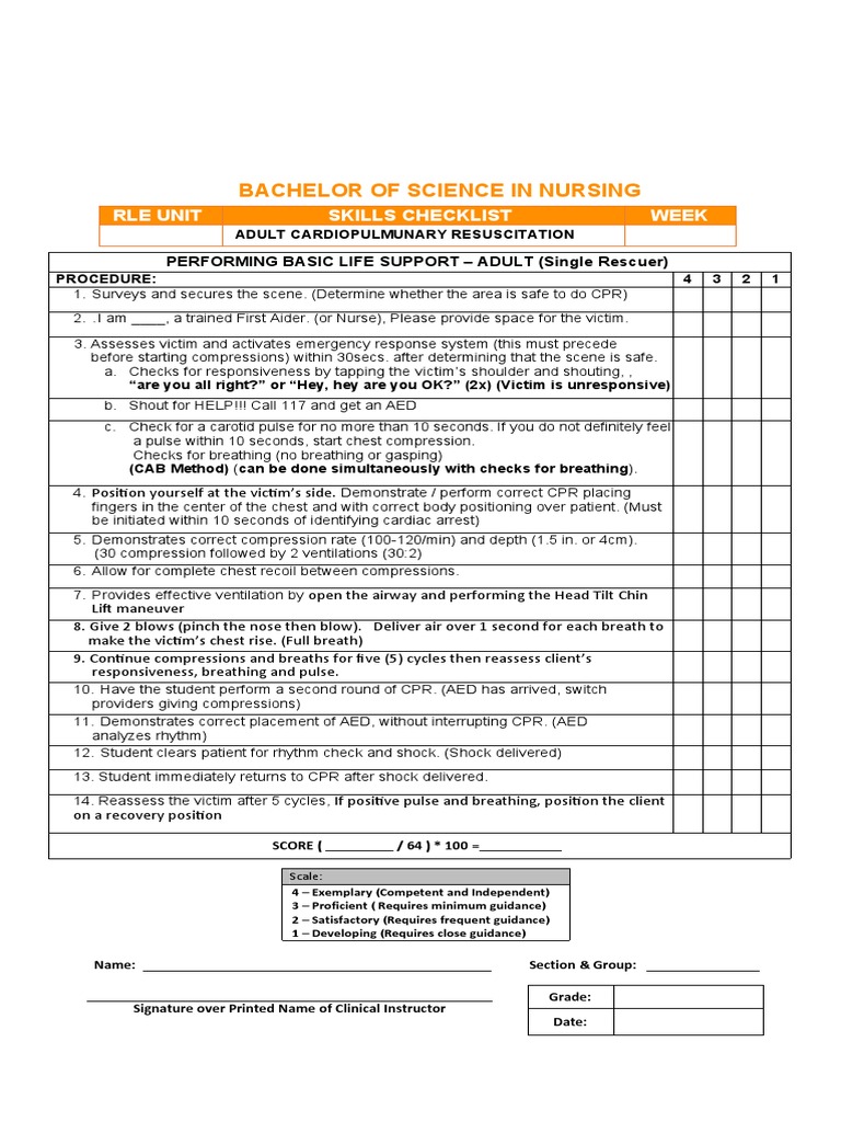 Checklist Adult CPR OLFU 2022 | PDF | Cardiopulmonary Resuscitation ...