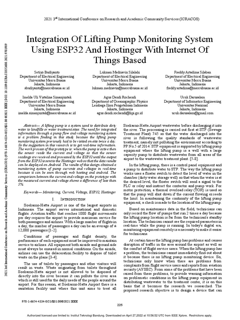 Integration of Lifting Pump Monitoring System Using ESP32 and Hostinger With Internet of Things ...