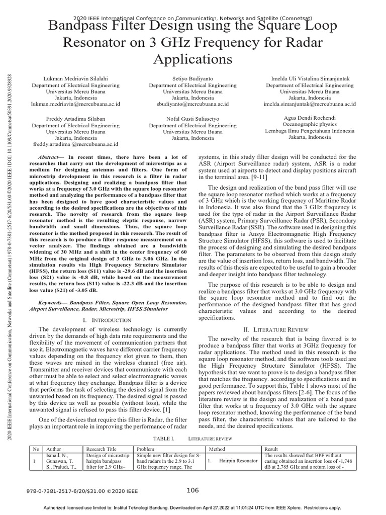 Bandpass Filter Design Using The Square Loop Resonator On 3 GHZ Frequency For Radar Applications ...