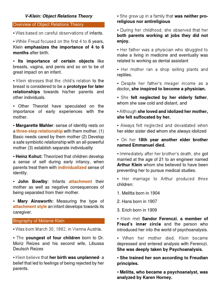 V Klein Object Relations Theory Pdf Id Oedipus Complex