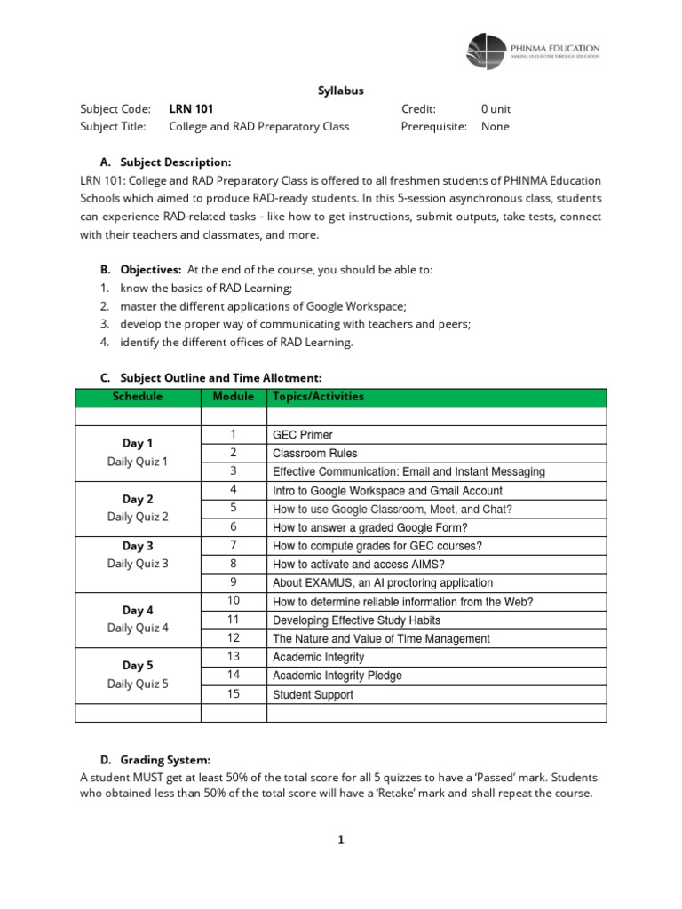 LRN 101 Syllabus RAD | PDF | Computing | Learning