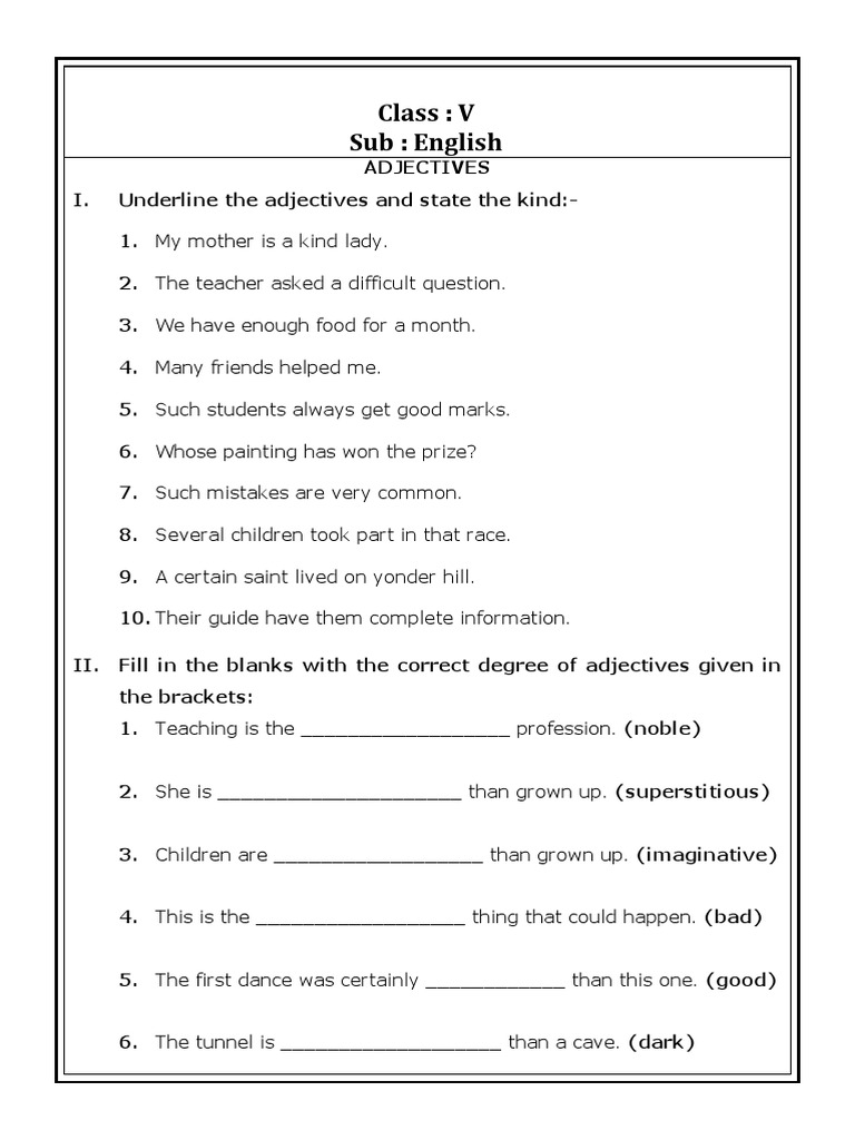 CBSE Class 5 English Worksheet - Adjectives | PDF