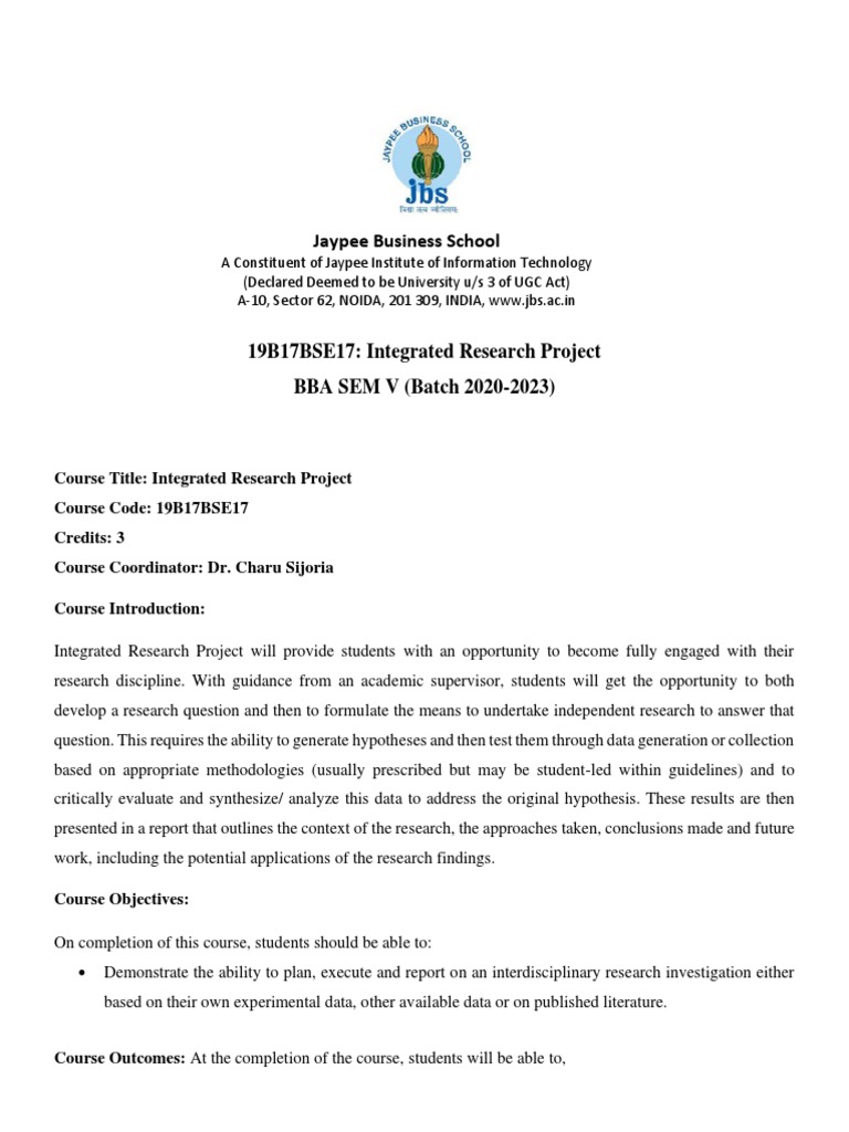 19B17BSE17 - Integrated Research Project - CD - BBA V - 2022-23 | PDF | Science | Cognition